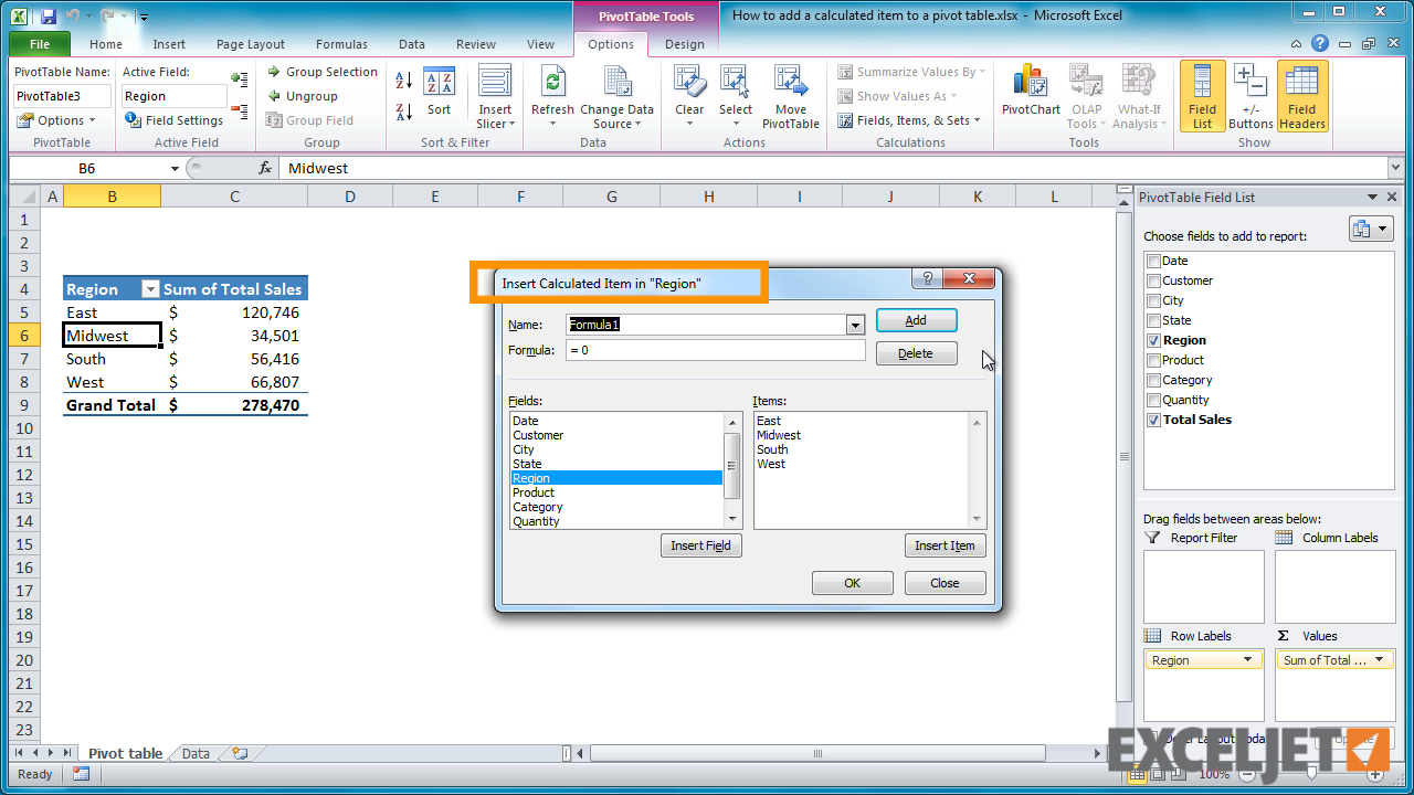 Excel Tutorial How To Add A Calculated Item To A Pivot Table